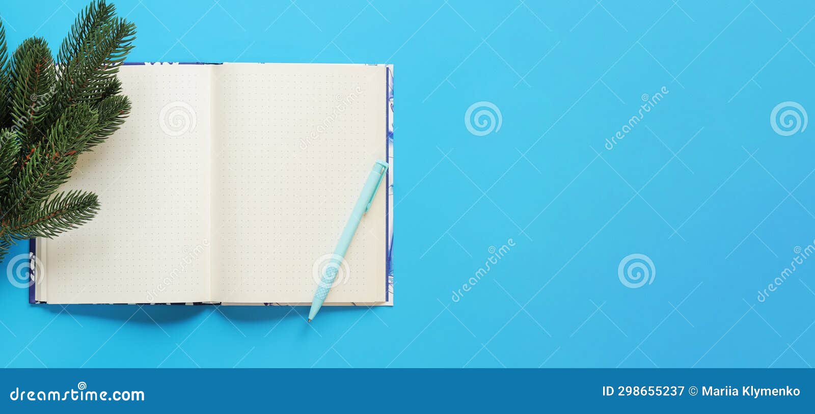 Open Notebook with Pen on a Blue Background, Spruce Branch, Top View ...