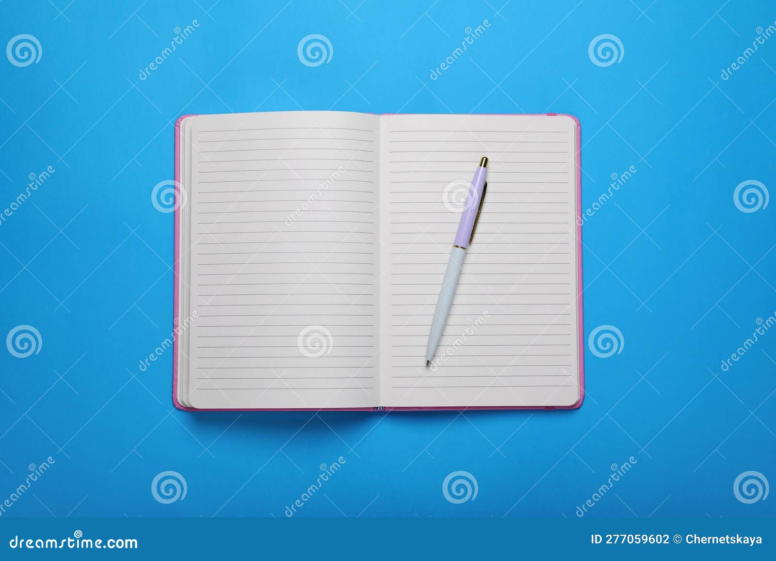 Open Notebook and Pen on Light Blue Background, Top View Stock Photo ...