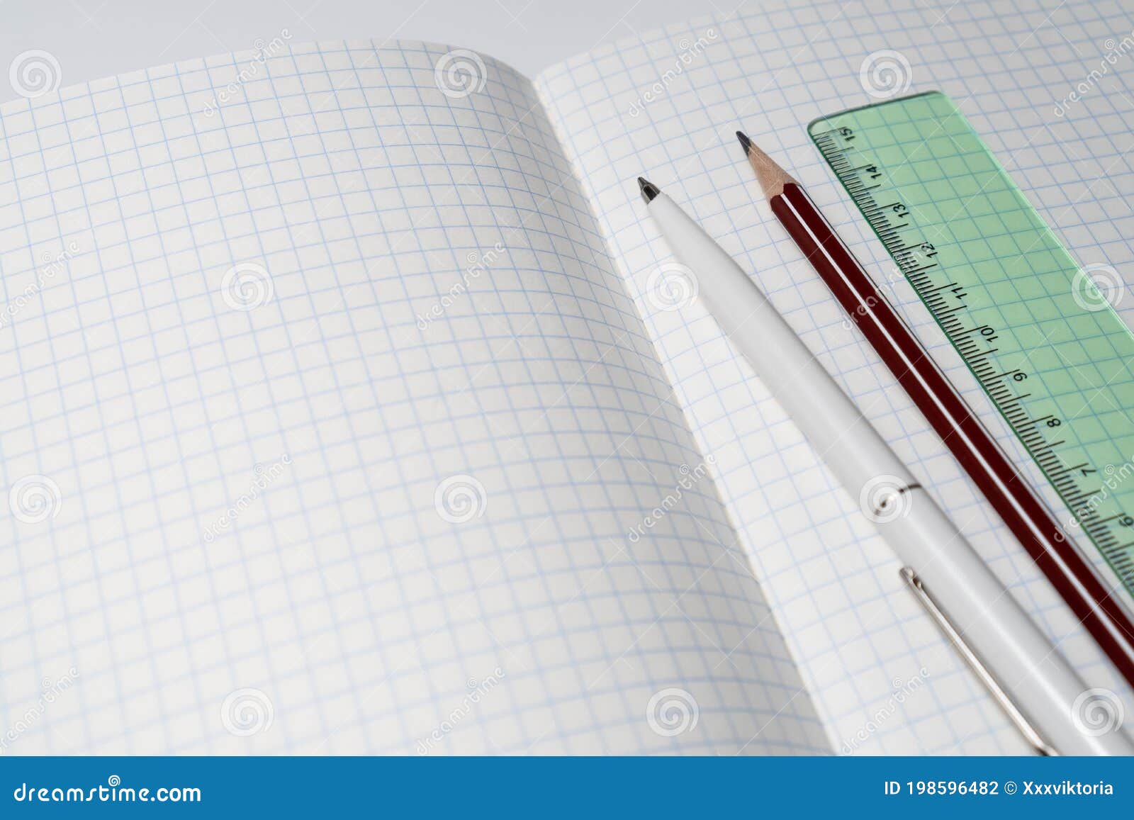 Open Notebook with Pen, Pencil, and Ruler. School Accessories Stock ...