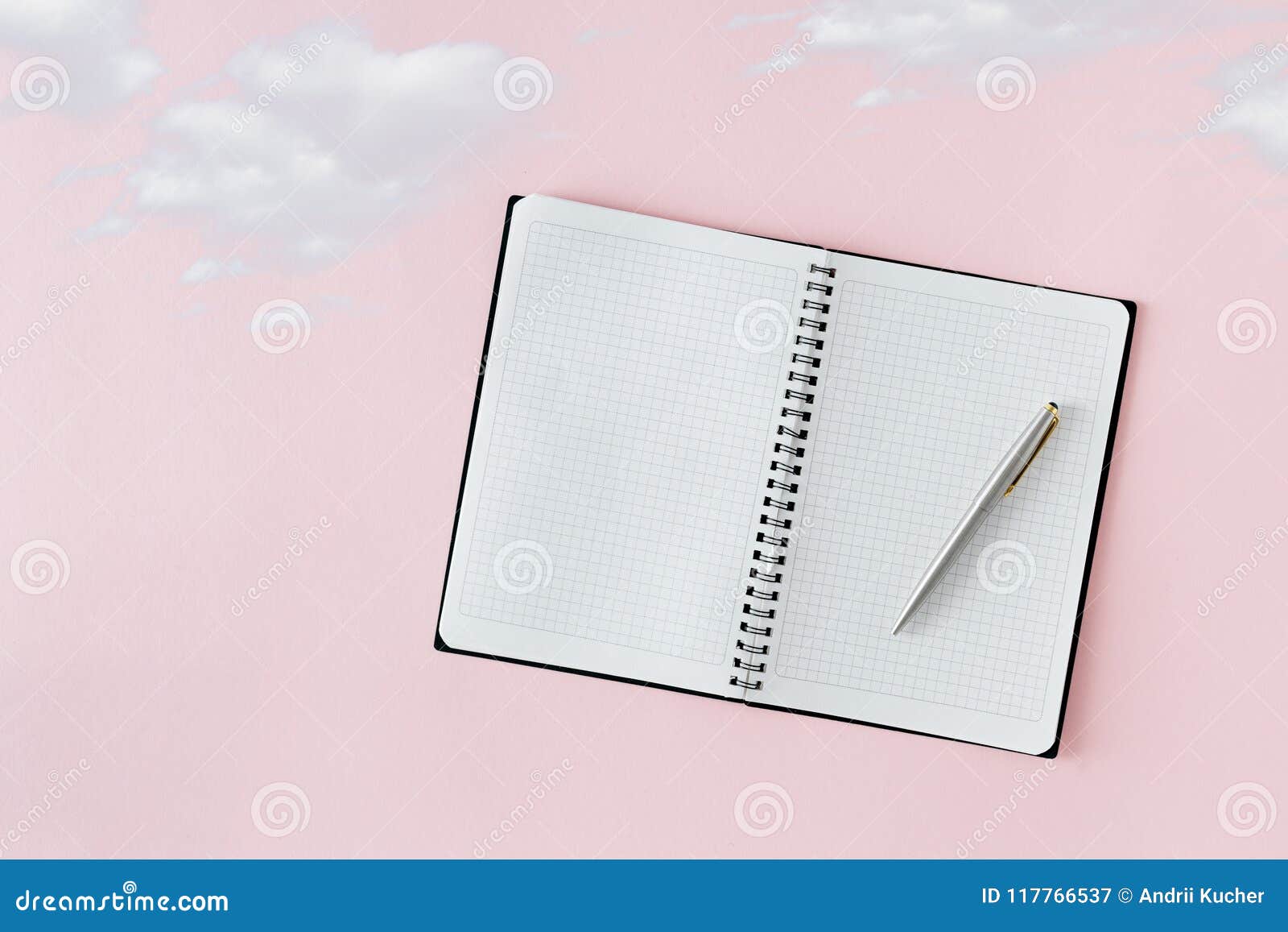 Open Notebook Pen Pink Background Clouds Creative Minimal Dream Stock ...