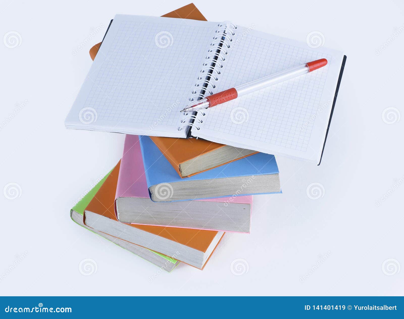 Open the Notebook, Pen and a Stack of Books on White Background Stock ...
