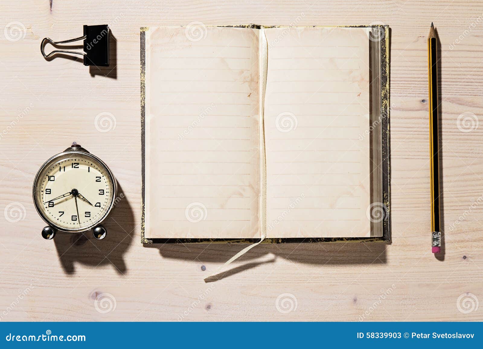 Open Notebook, Pencil and Clock Stock Image - Image of desktop, recycle ...
