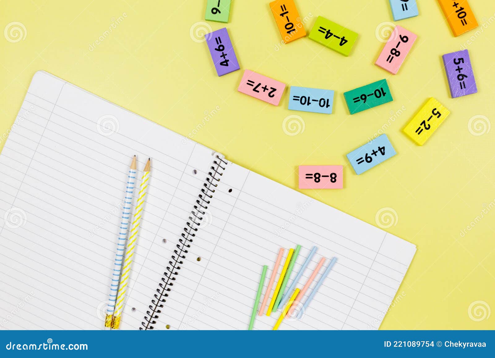 Open Notebook, Pencils and Mathematical Examples on Yellow Background ...