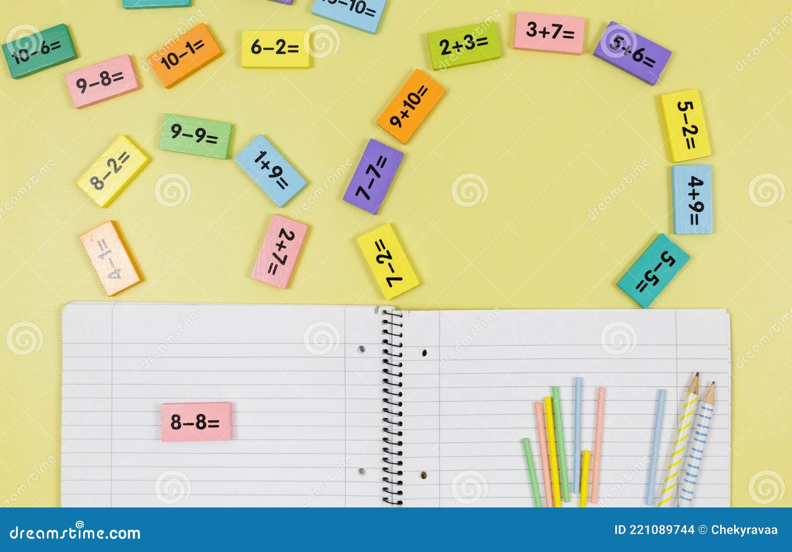 Open Notebook, Pencils and Mathematical Examples on Yellow Background ...