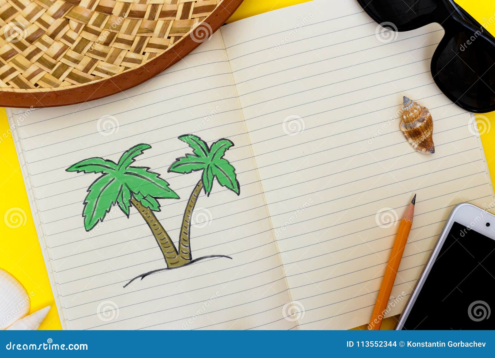 Open Notebook with a Picture of a Palm Tree Lies on an Expressive ...