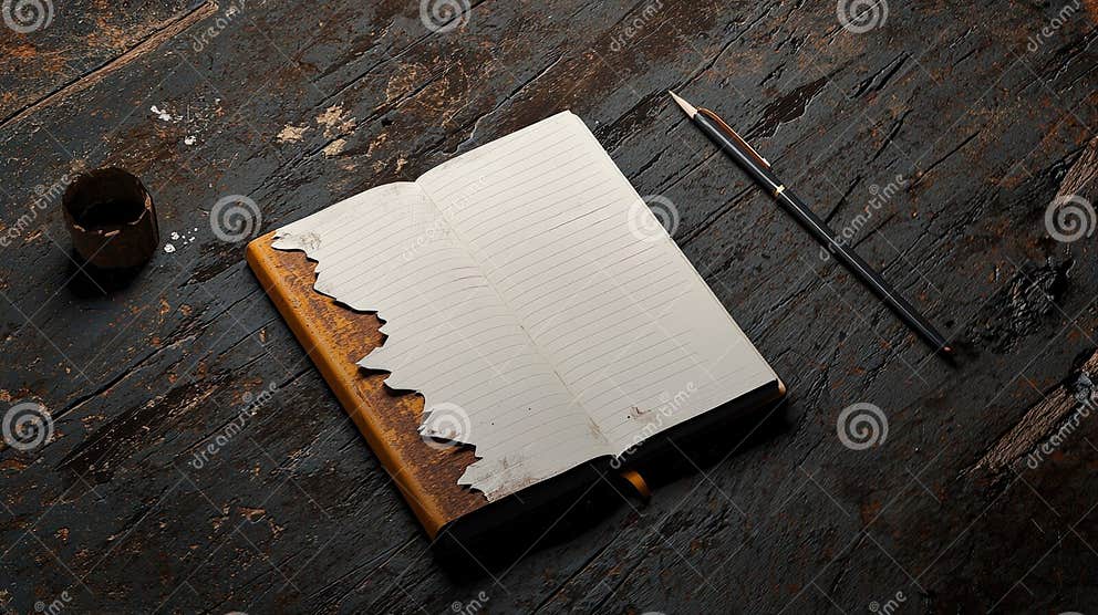 Open Notebook on Rustic Wooden Table with Pen and Inkpot Artistic ...