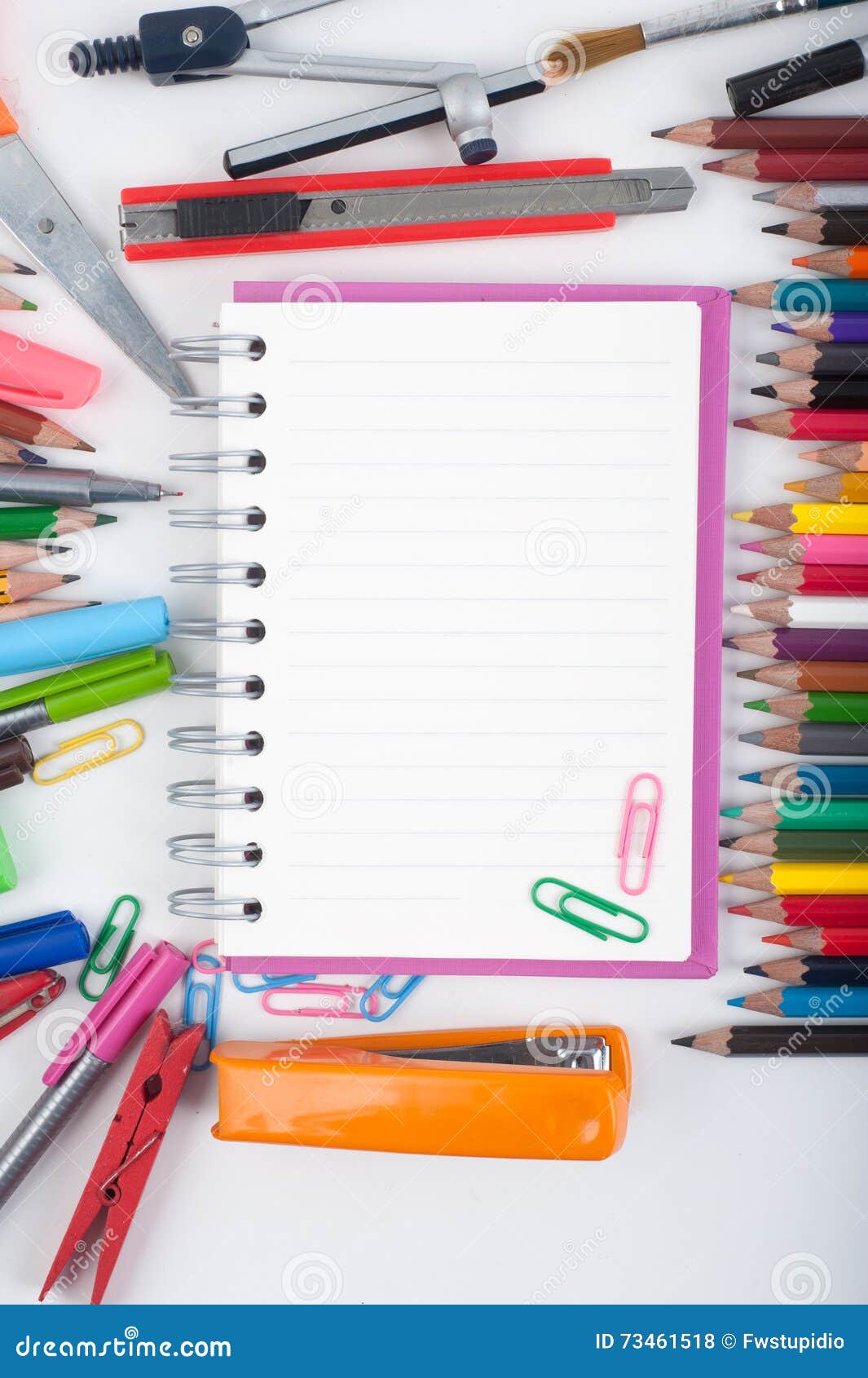 Open Notebook and School or Office Tools on White Background Stock ...
