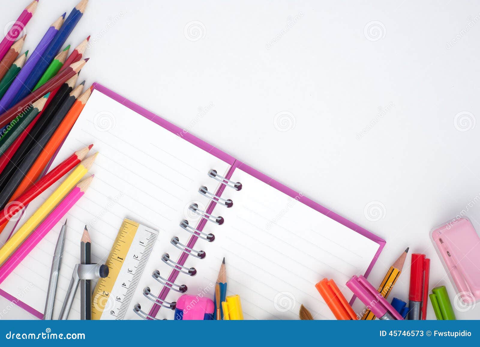 Open Notebook and School or Office Tools on White Background Stock ...