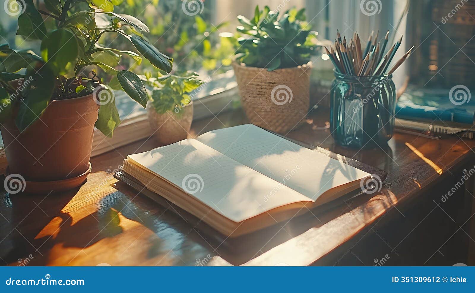 Open Notebook on Wooden Table with Sunlight and Plants - Realistic ...