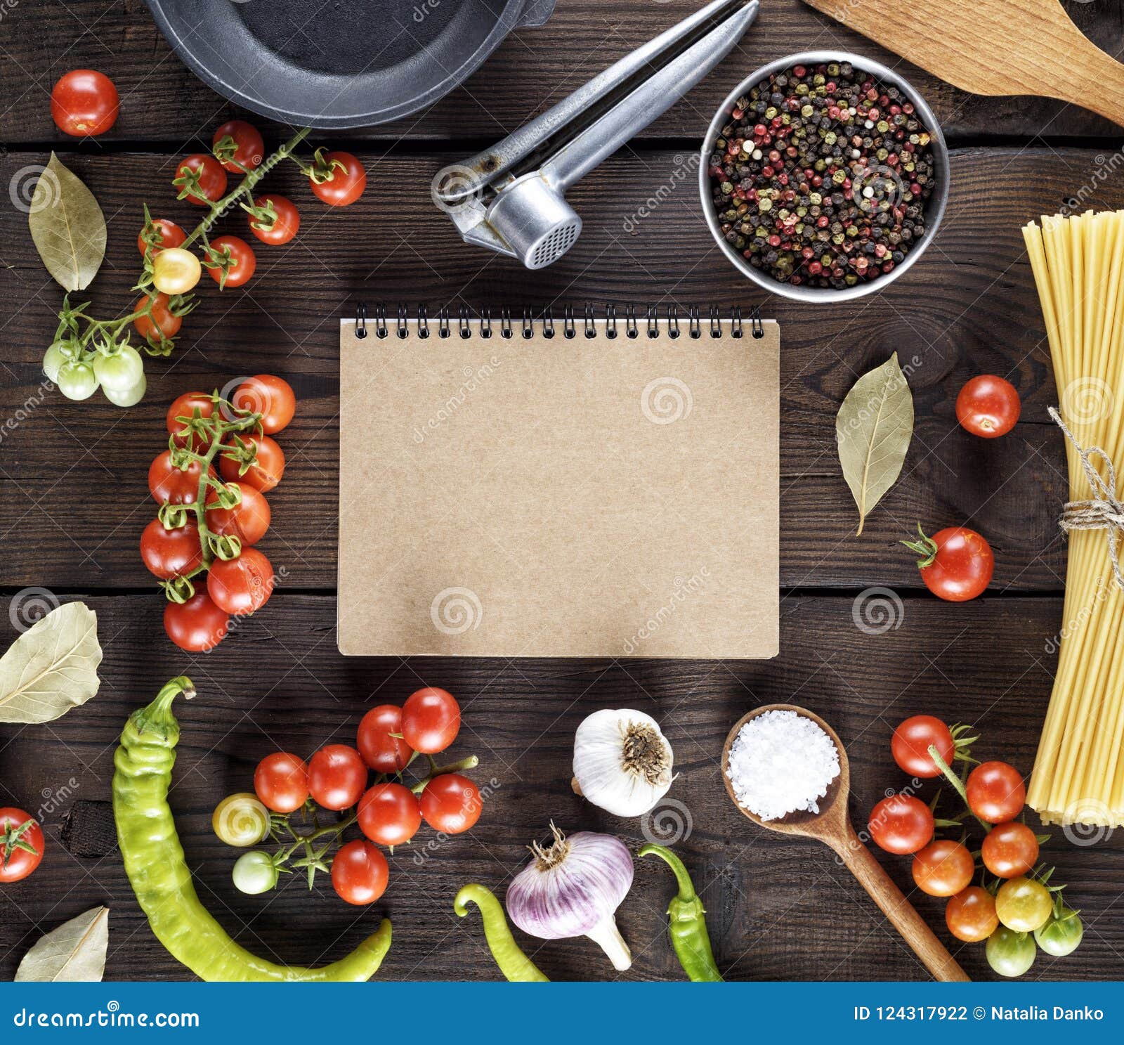 Open Notepad with Brown Sheets and Ingredients for Cooking Pasta Stock ...