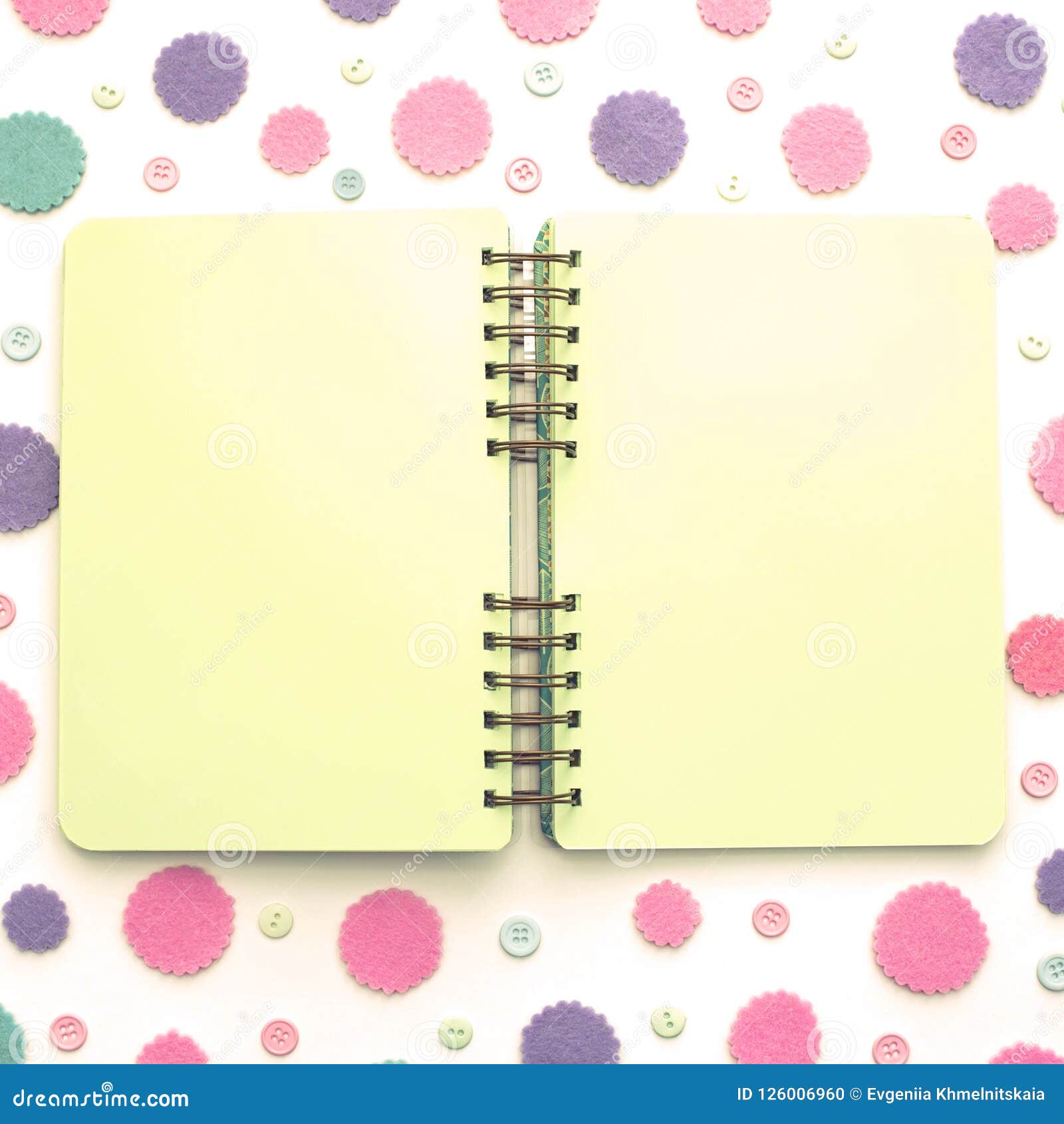 Open Notepad Green Pages on Colored Confetti Background. Stock Photo ...