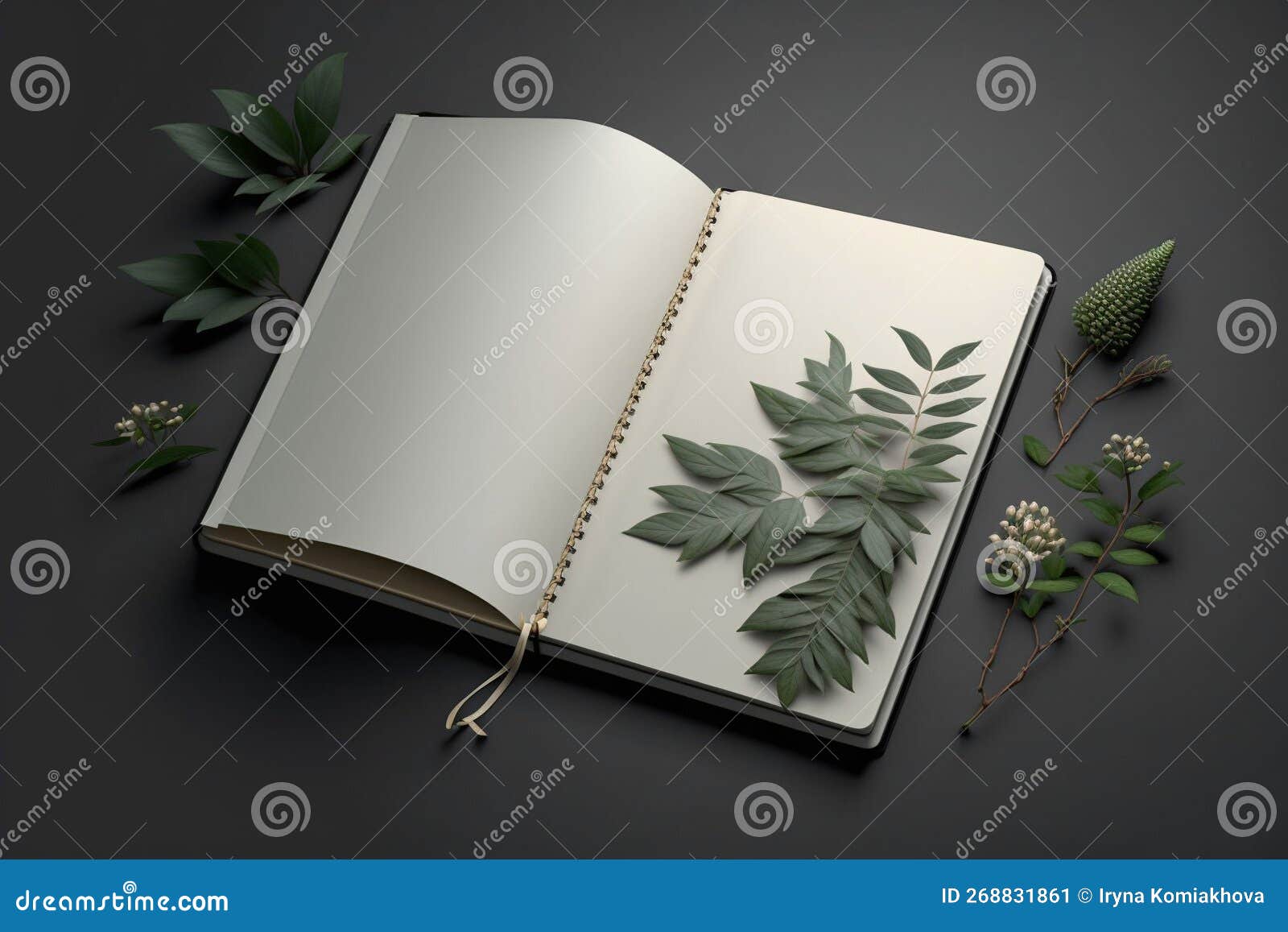 Open Notepad with Green Tree Leaves and Herbs on a Gray Background, Top ...