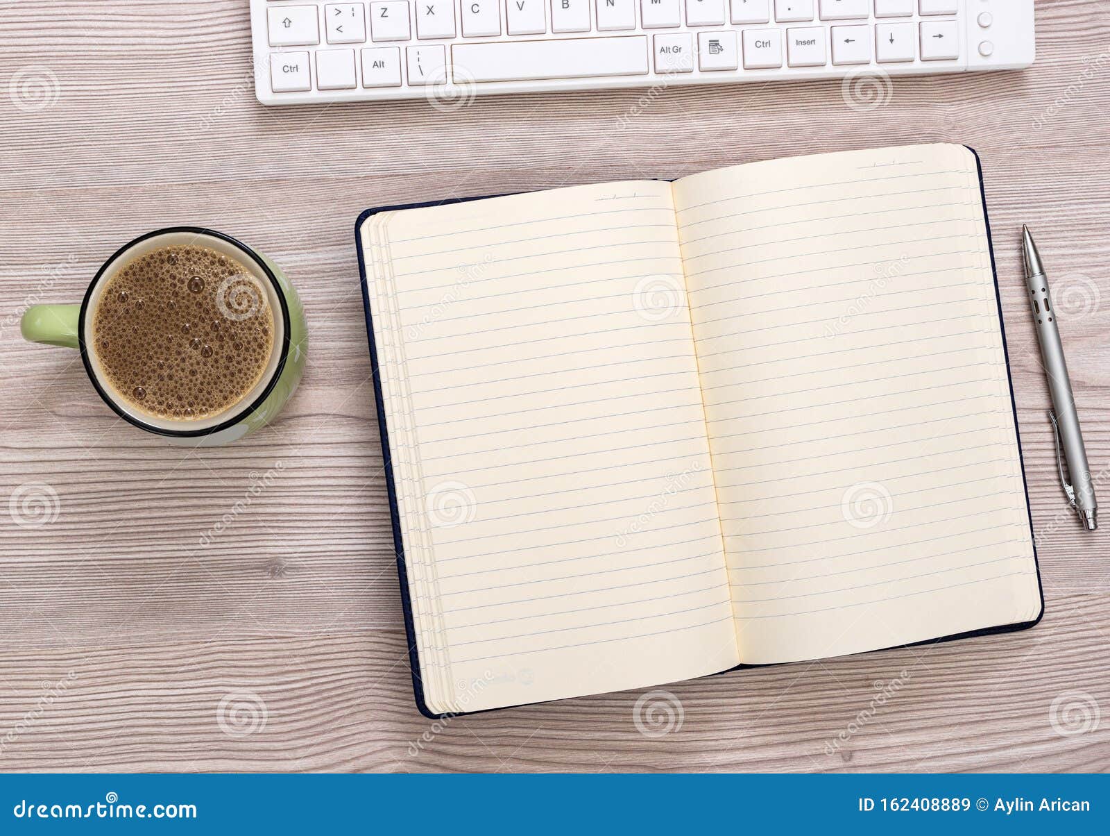 Open Notepad with, Pen, Coffee Cup and Computer Keyboard Stock Image ...