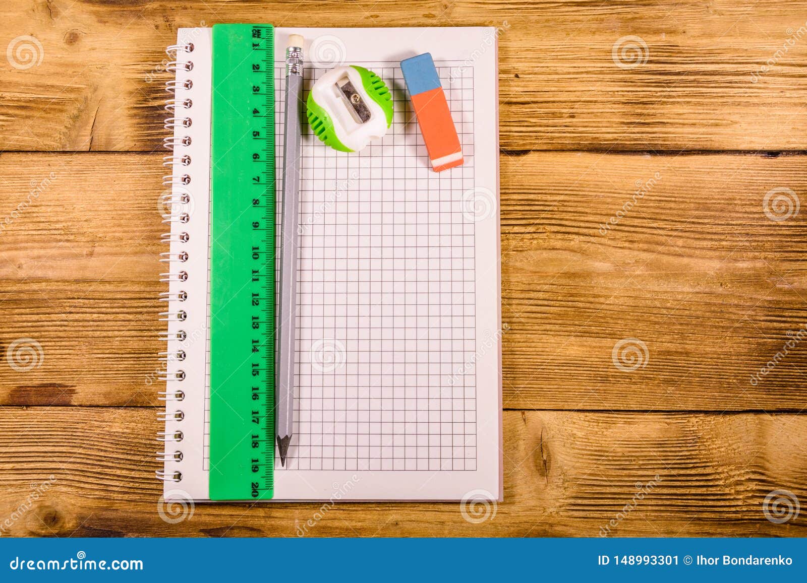 Open Notepad, Ruler and Pencil on a Wooden Table. Top View Stock Image ...