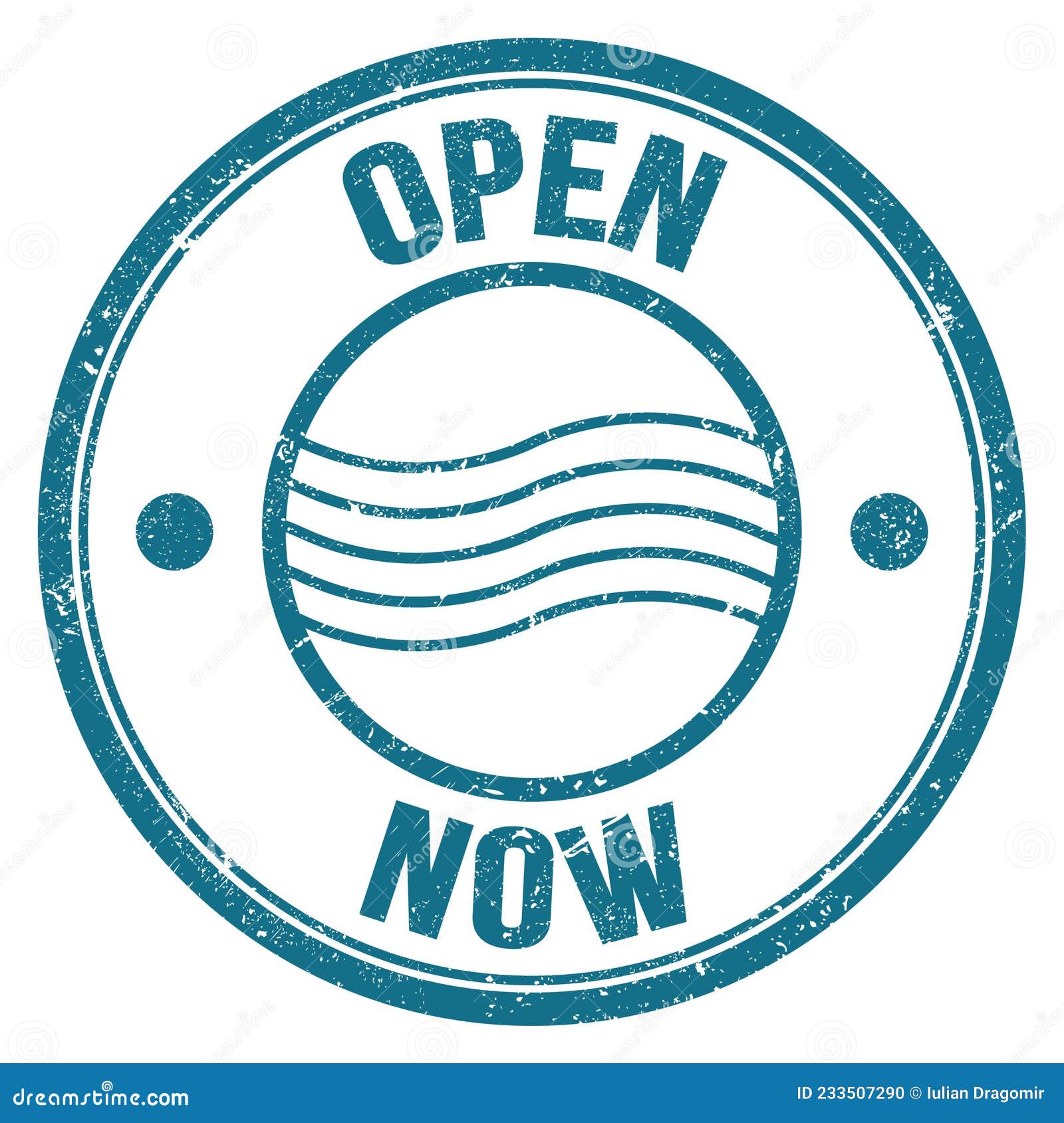 OPEN NOW Text on Blue Round Postal Stamp Sign Stock Illustration ...