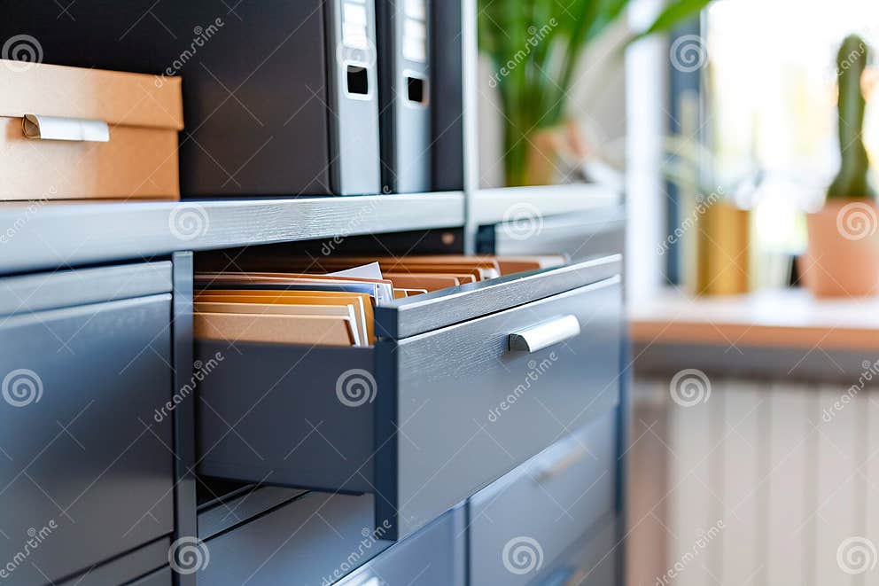 Open Office Drawer with Organized Files, Symbolizing Efficient Document Management and Office ...