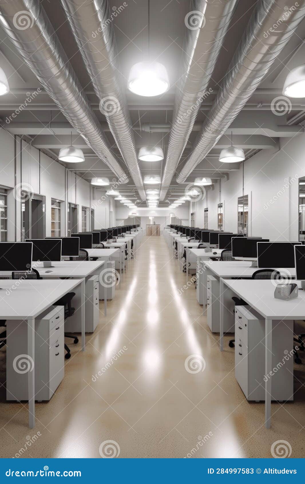 Open Office Floor Plan with Rows of Empty Workstations Stock ...
