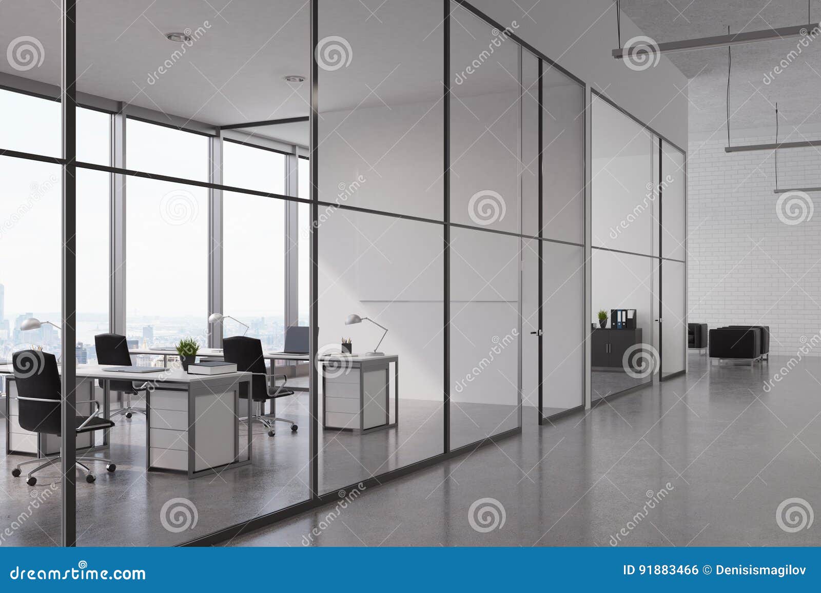 Open Office with Glass Wall Stock Illustration - Illustration of black ...