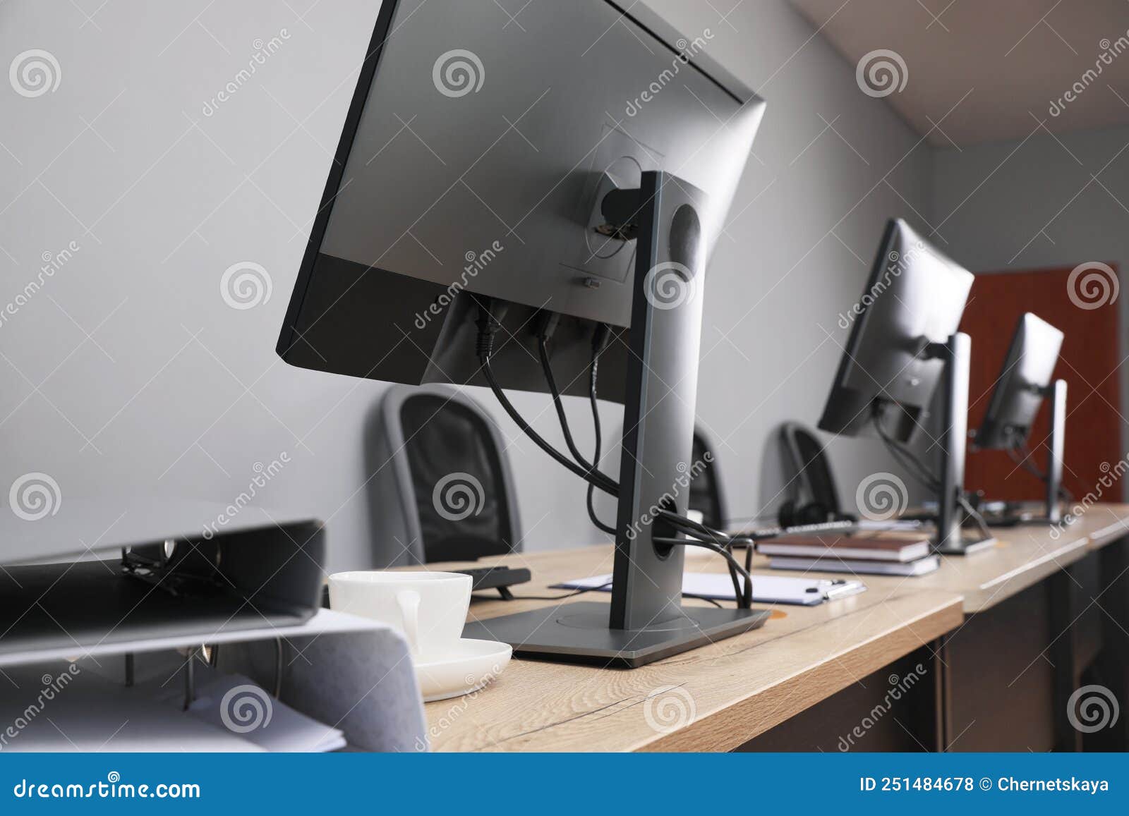 Open Office Interior. Modern Workplaces with Computers Near Light Grey ...