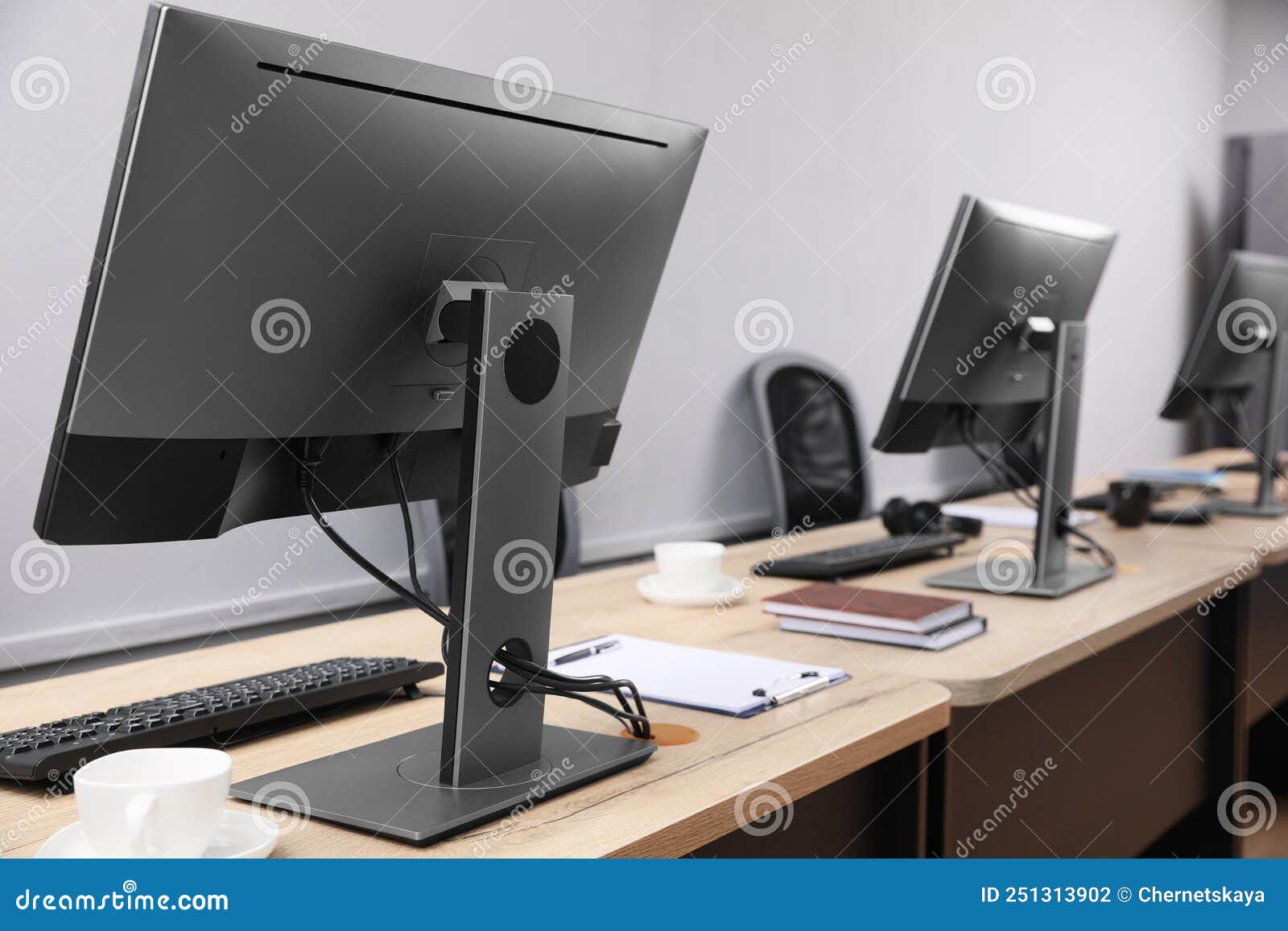 Open Office Interior. Modern Workplaces with Computers Near Light Grey ...