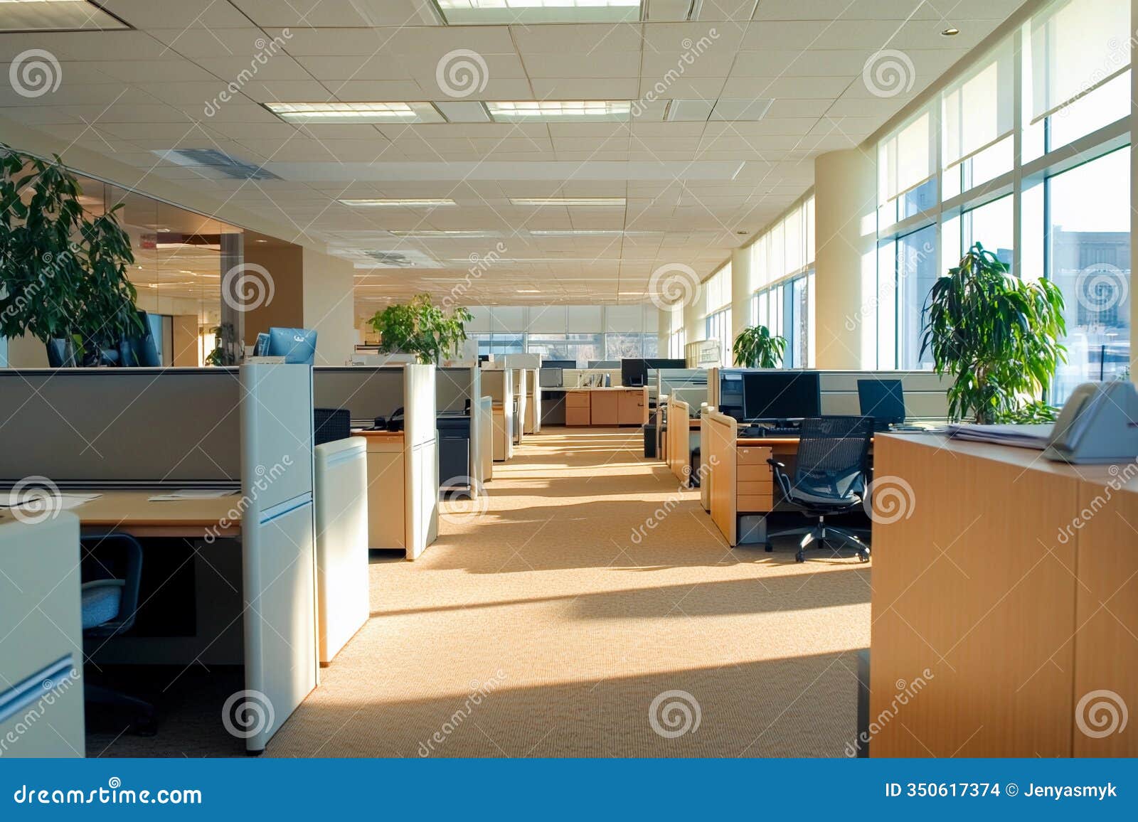 An Open Office Layout Featuring Workstations Illuminated by Natural ...