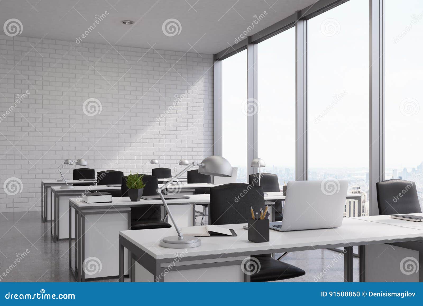Open Office with a Panoramic Window Stock Illustration - Illustration ...