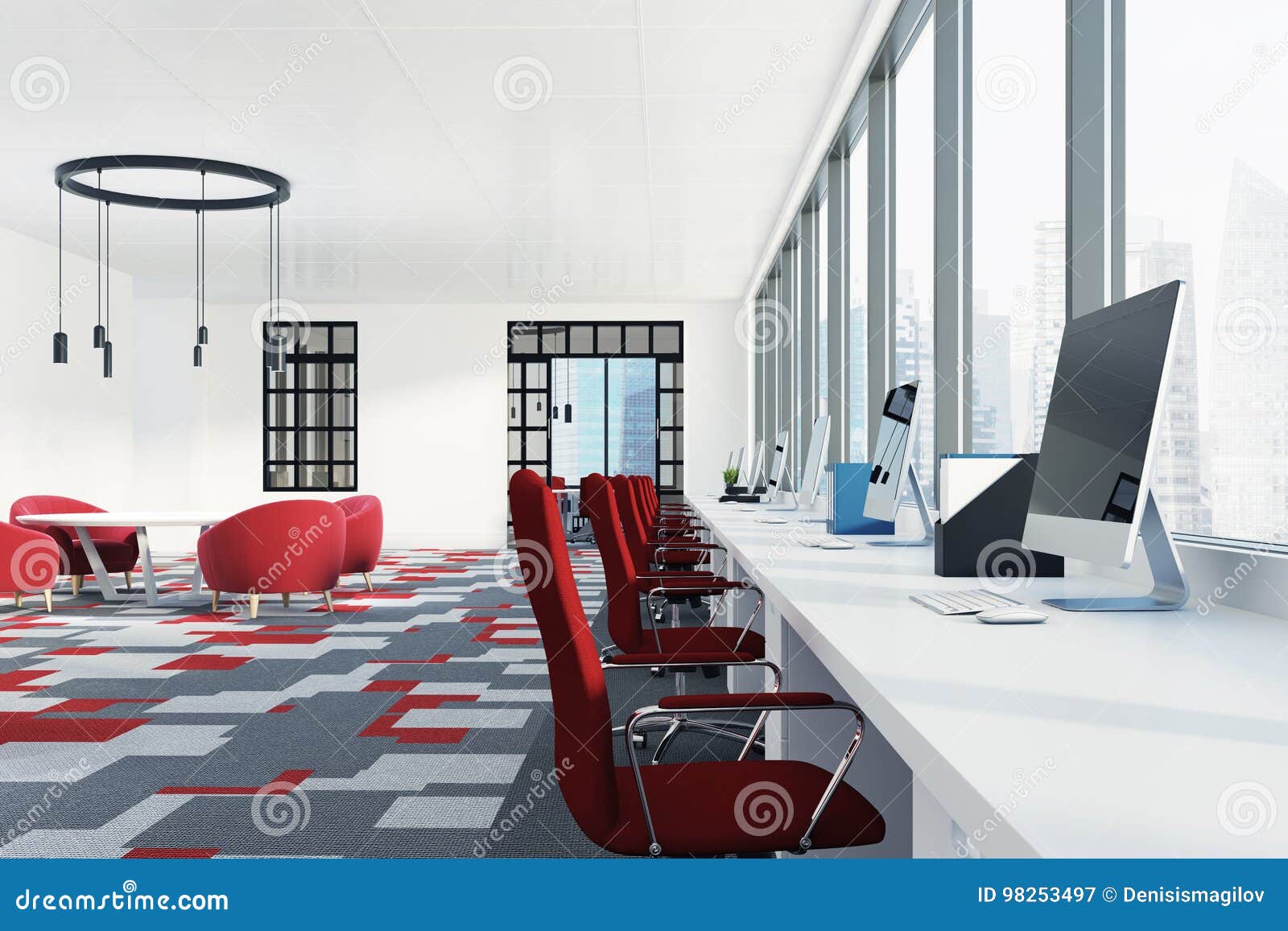 Open Office with Red Chairs, Side View Stock Illustration ...