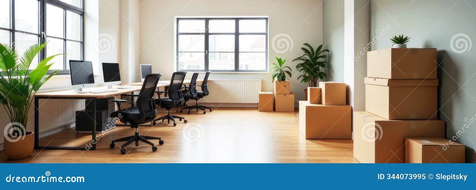 An Open Office Setup Featuring Empty Desks and Chairs with Stacked ...