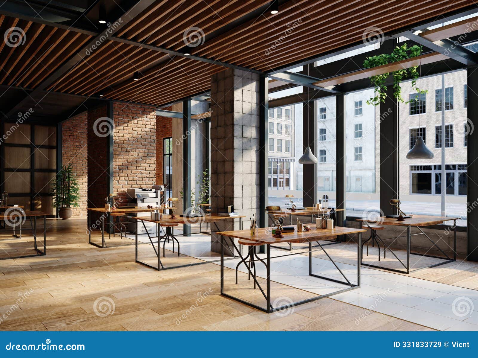 Open Office Space with Wooden Floors and Brick Walls Stock Illustration ...