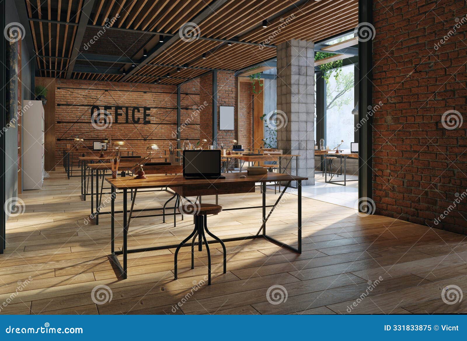 Open Office Space with Wooden Floors and Brick Walls Stock Illustration ...