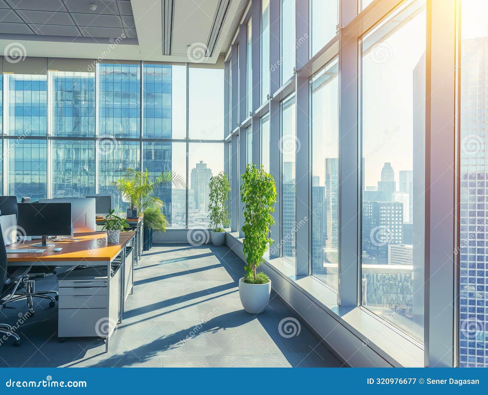 Open Office View with Desks and Computers and Downtown District on ...