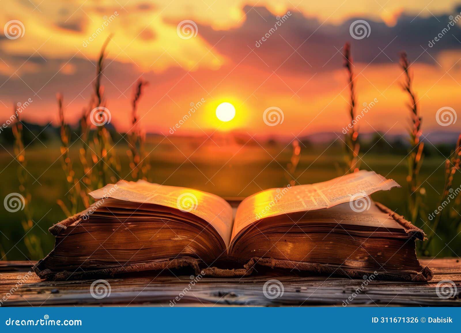 Open Old Book with a Dramatic Sunset in Backdrop Stock Photo - Image of ...