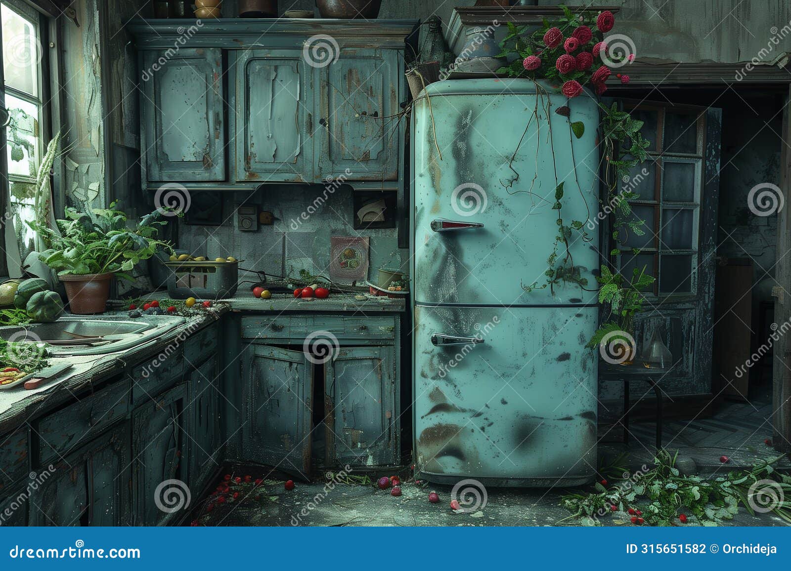 An Open, Old Fashioned Refrigerator Standing in a Dirty Kitchen ...