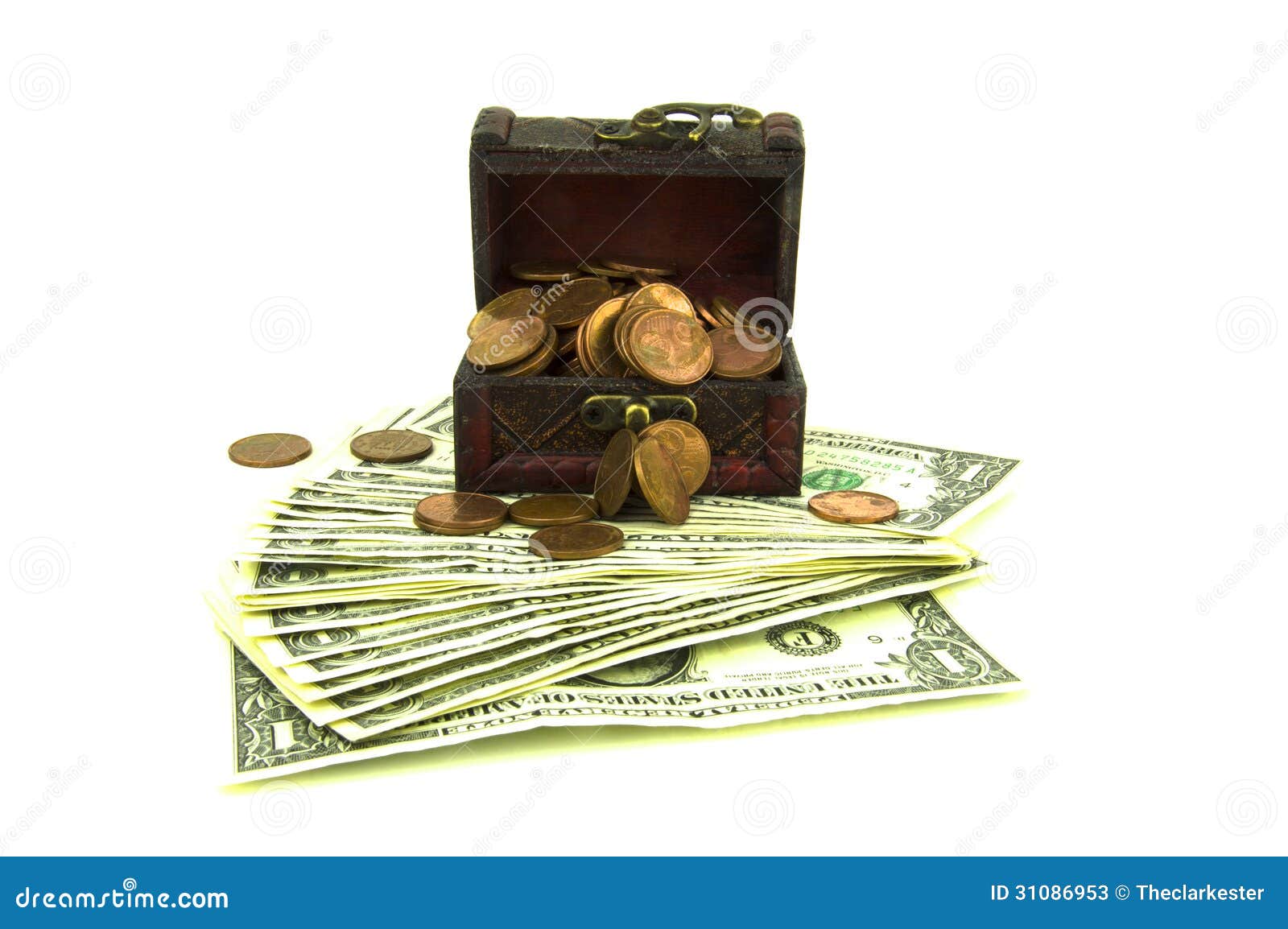 Open Old Wooden Treasure Chest with Notes and Coins Stock Image - Image ...