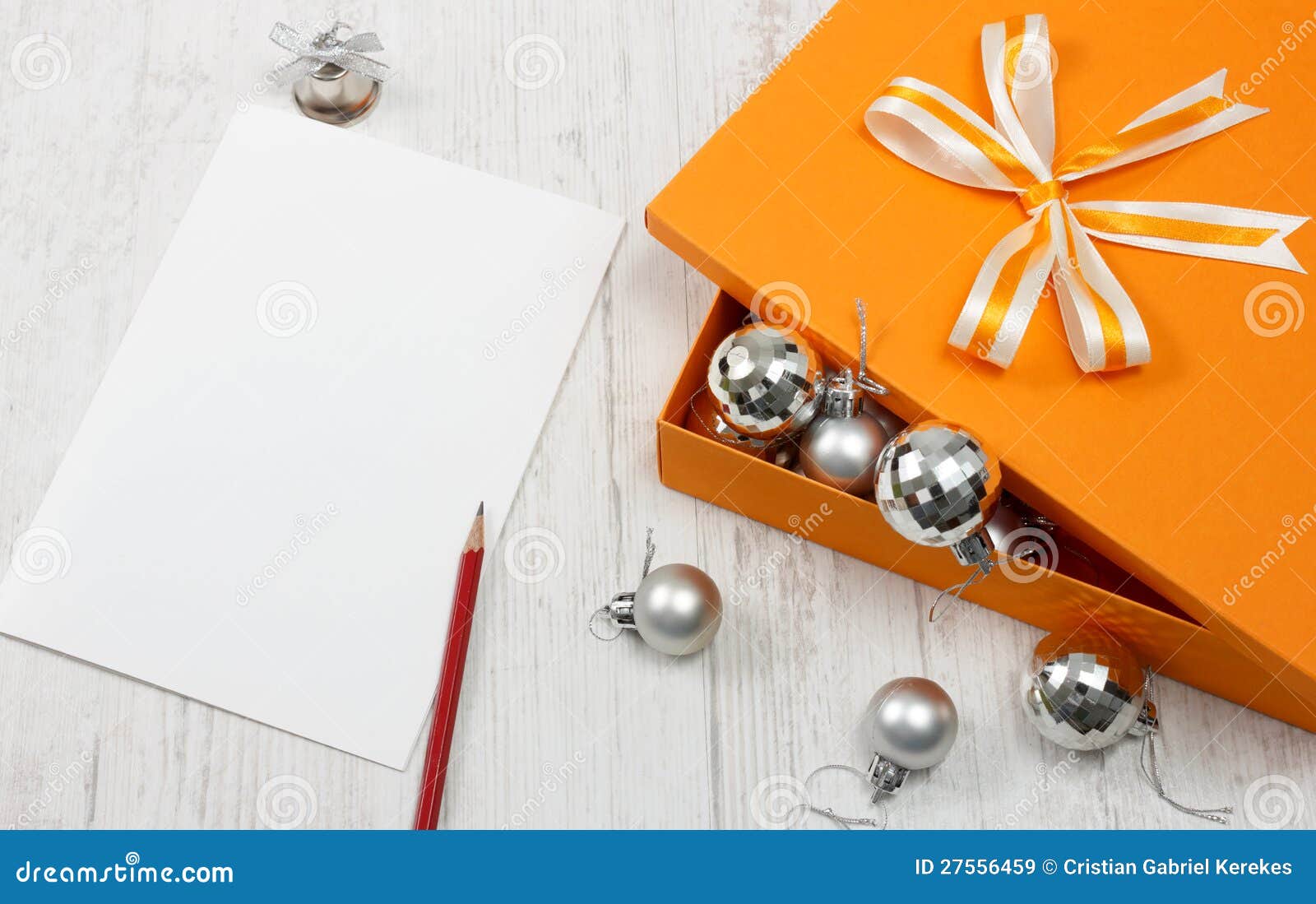 Open Orange Gift Box with Silver Christmas Baubles Stock Image - Image ...