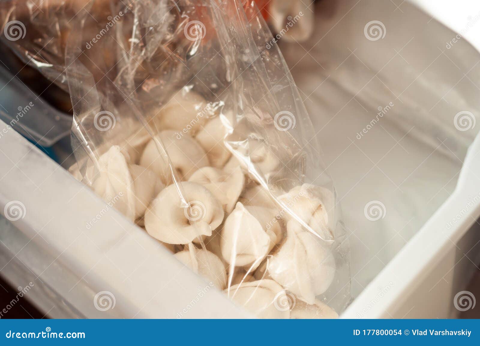 An Open Pack of Frozen Dumplings Lies in the Freezer Compartment Stock ...