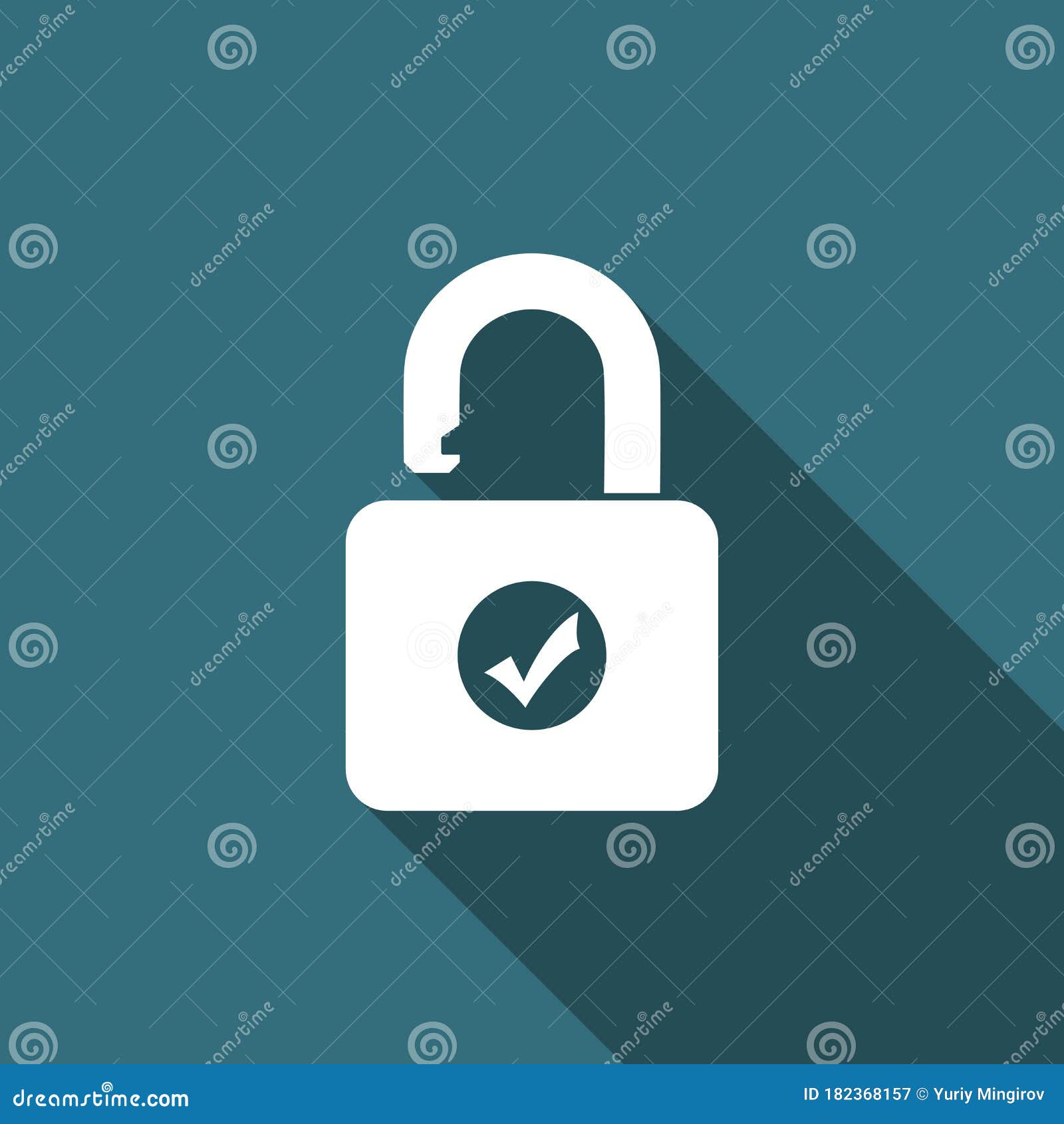 Open Padlock and Check Mark Icon Isolated with Long Shadow. Security ...
