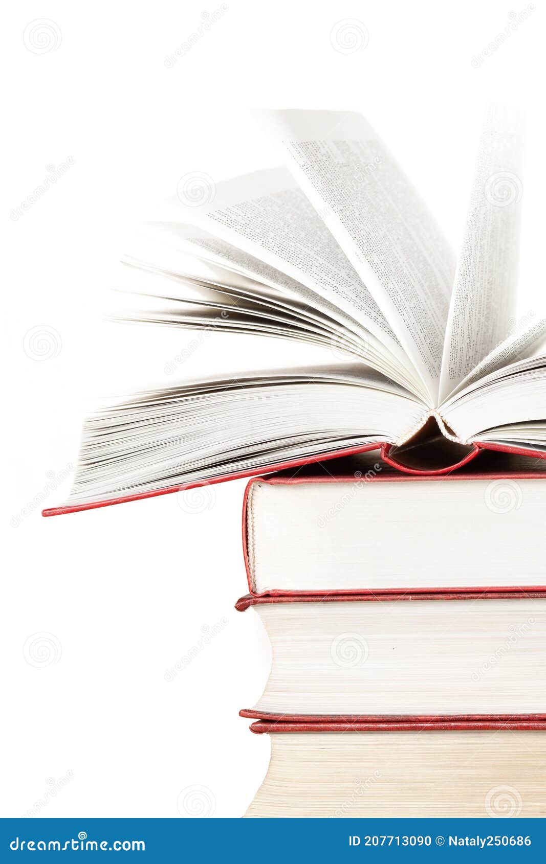 Open Pages Book on Stack of Books Isolated on White Background Vertical ...