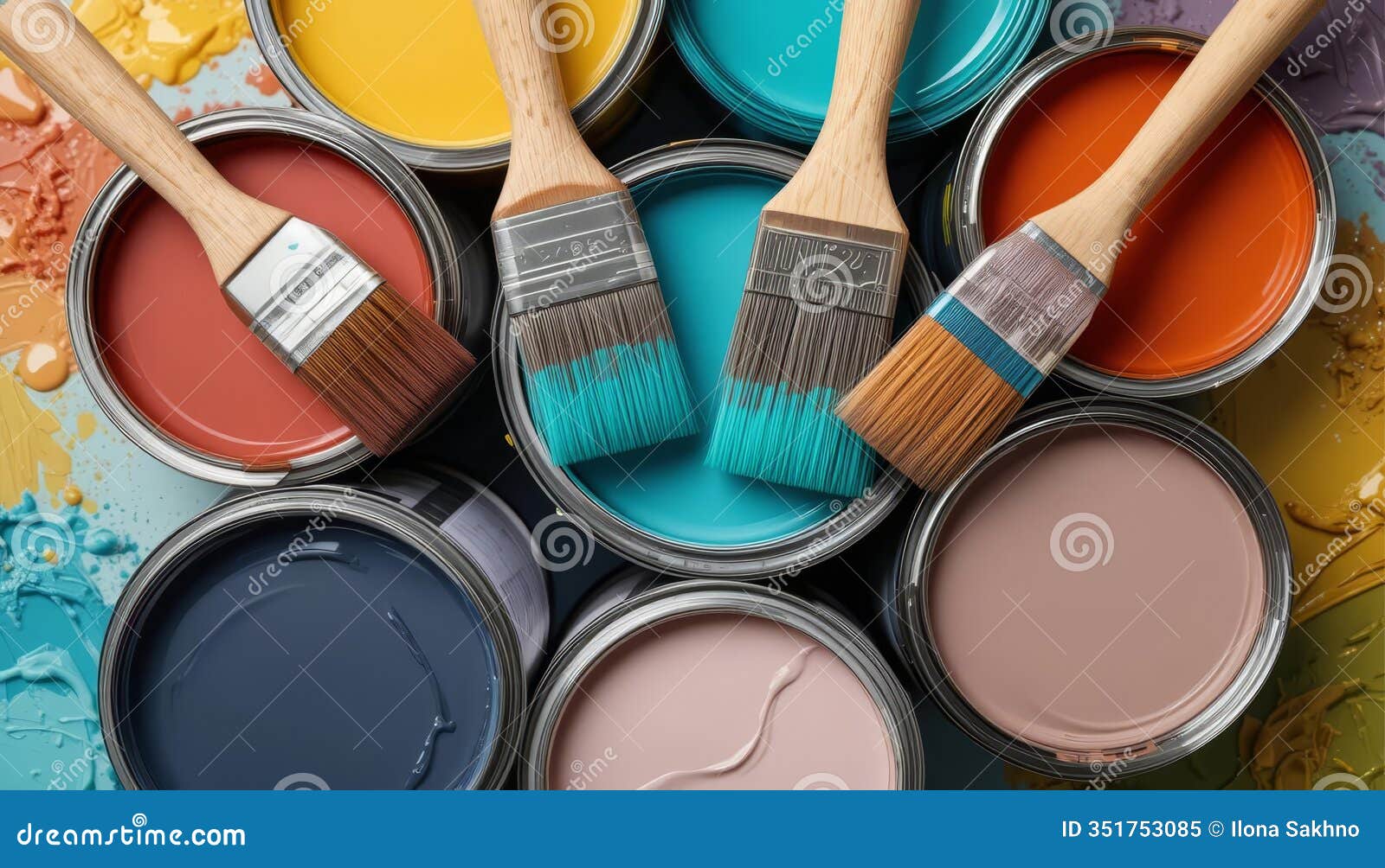 Open Paint Cans with Vibrant Colors and Brushes Arranged on a ...