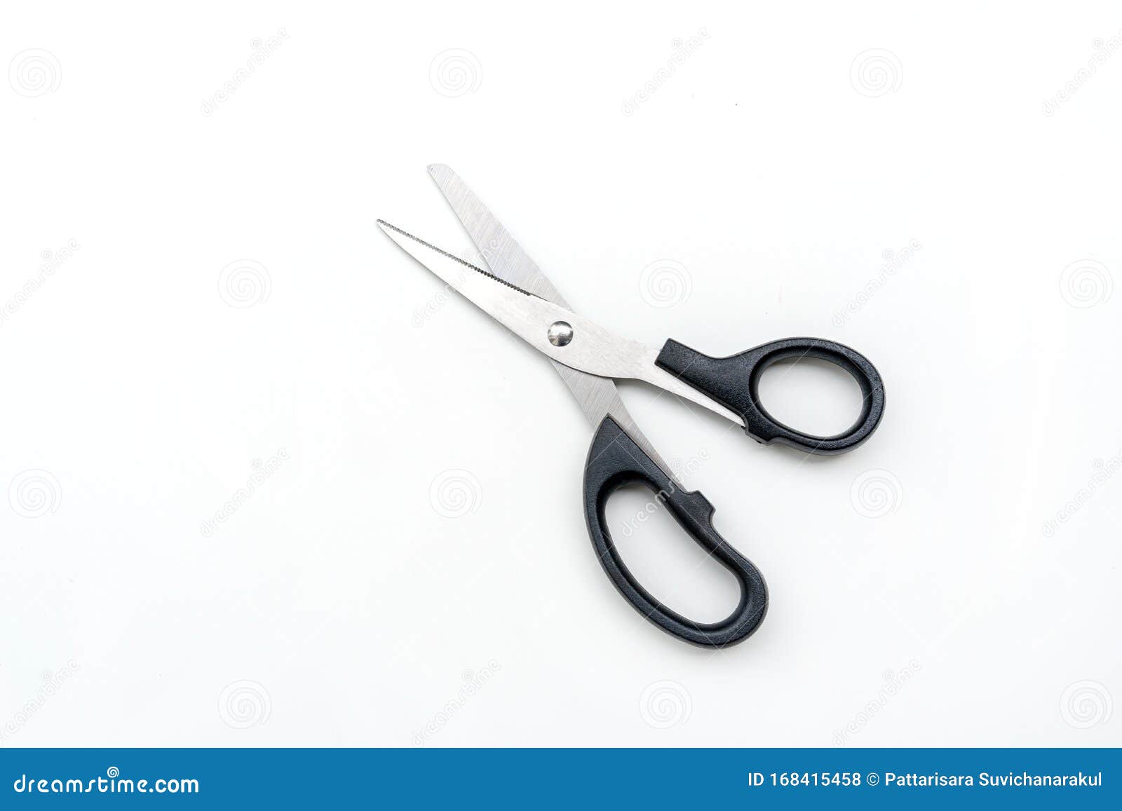 Open Pair of Scissors with Black Handle Isolated on White Background ...