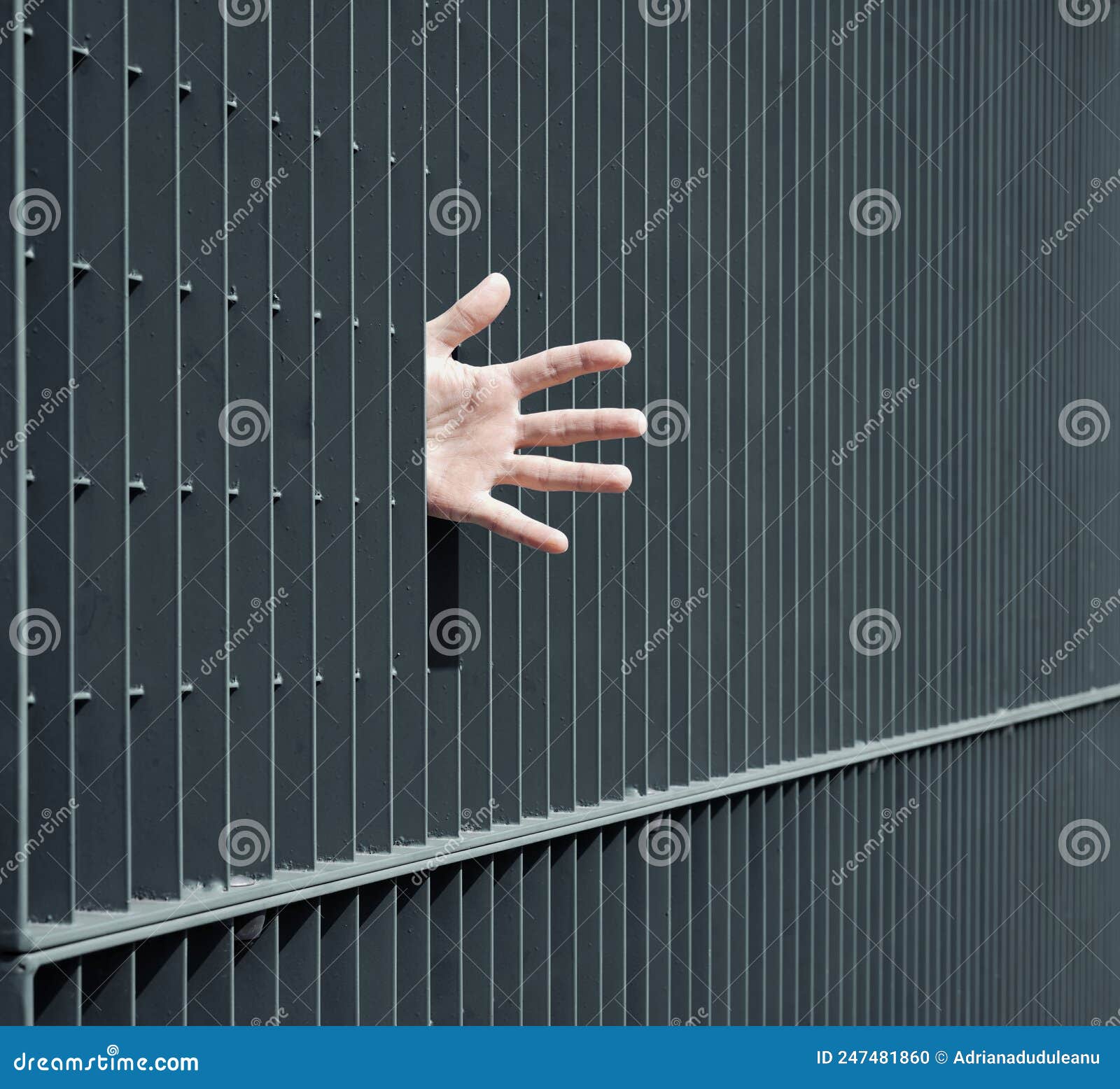 Hand through metal fence stock photo. Image of open - 247481860