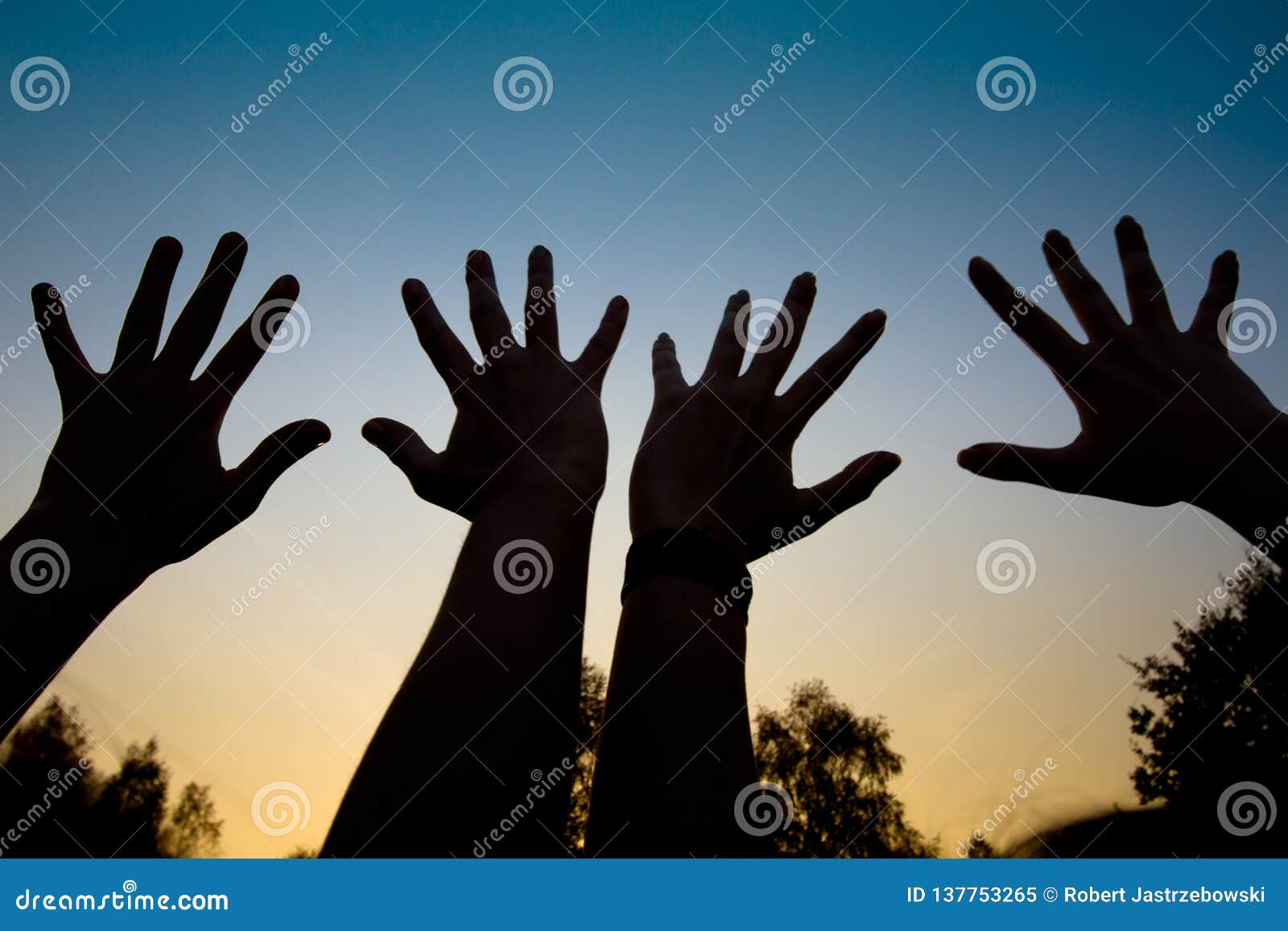 Open Palms Hands Silhouettes Against Sunset Blue Sky Stock Image ...