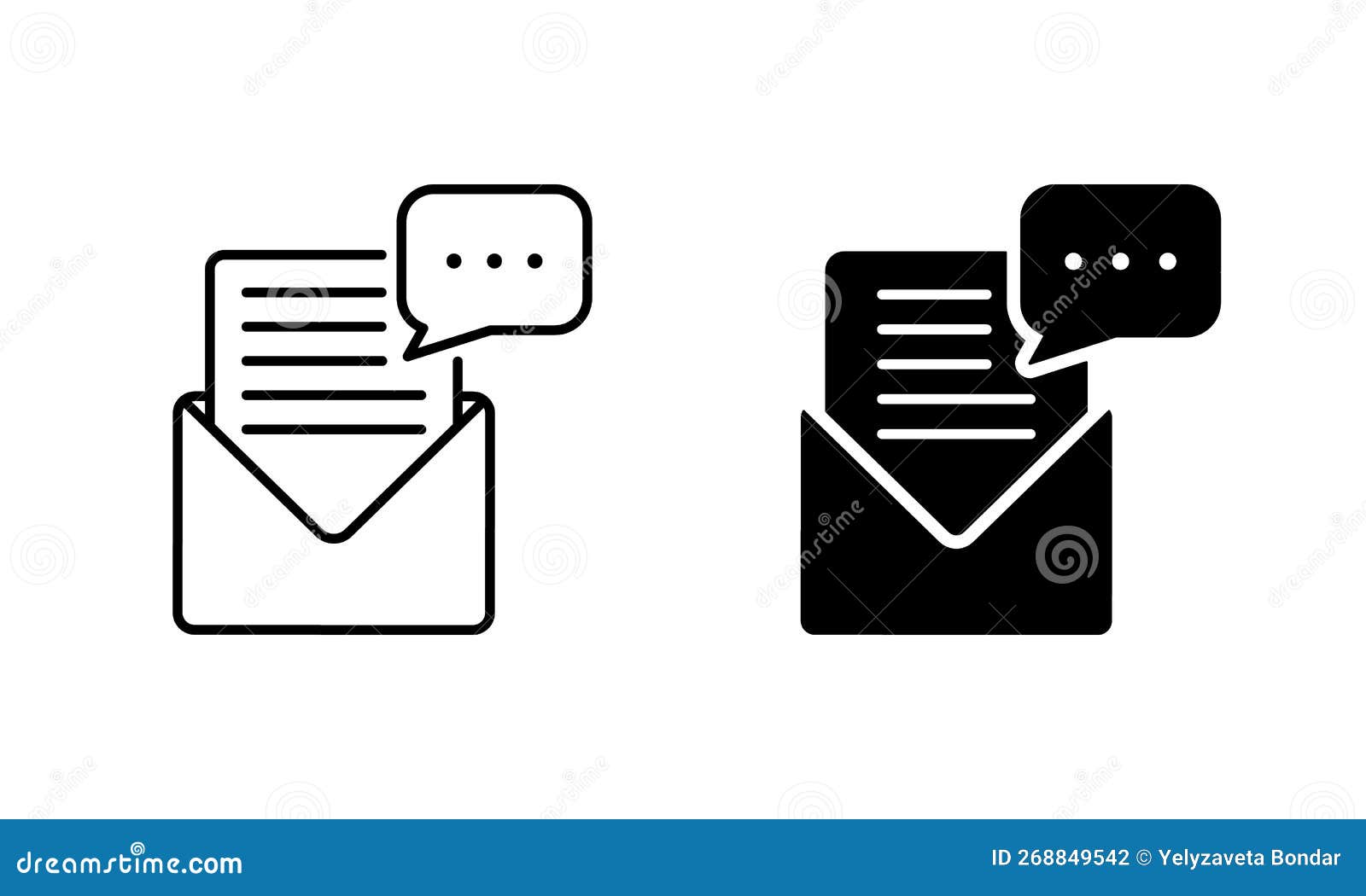 Open Paper Letter in Envelope Silhouette and Line Icon Set. Post ...