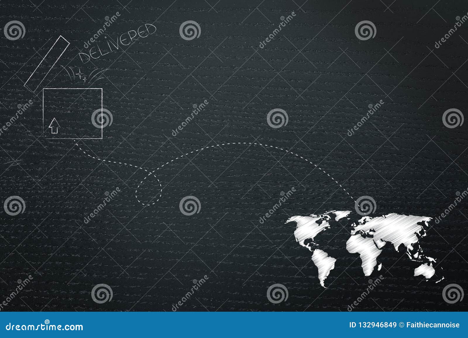 Open Parcel with Dashed Line Route To Destination on World Map Stock ...
