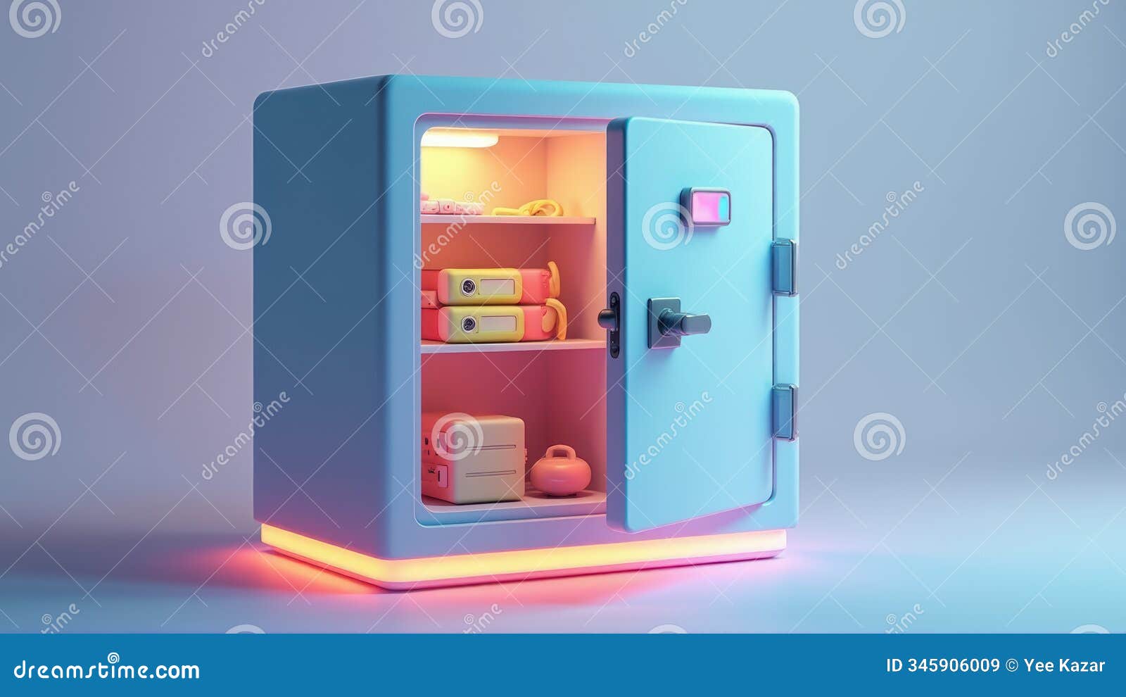 Open Pastel Blue Safe with Colorful Items Inside Stock Illustration ...