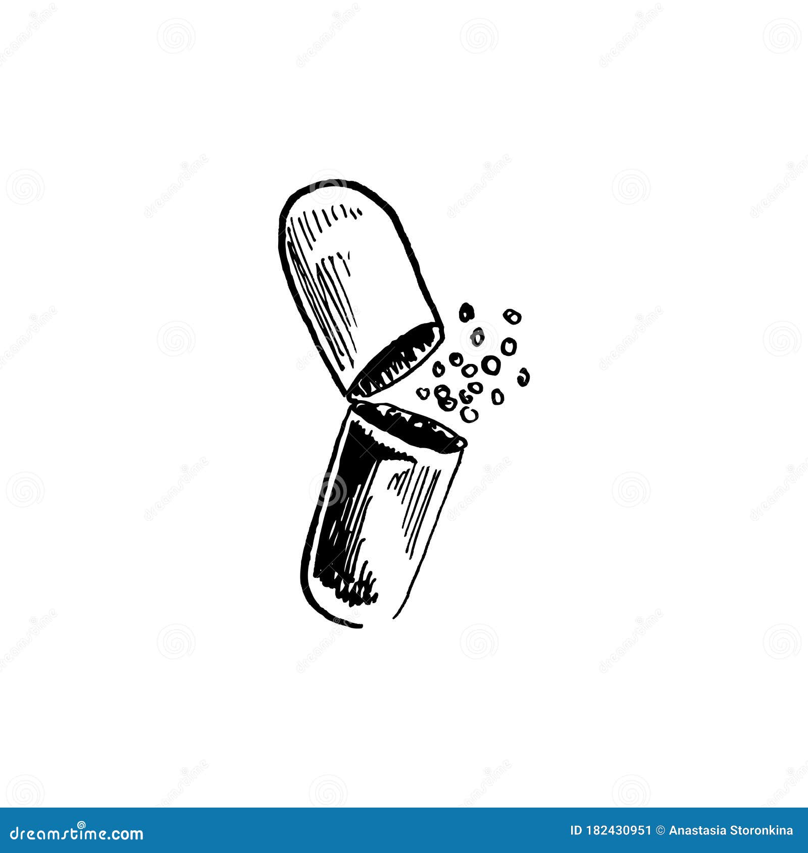 Open Pharmaceutical Pill. Single Isolated Ink Hand Drawn Sketch. Vector ...