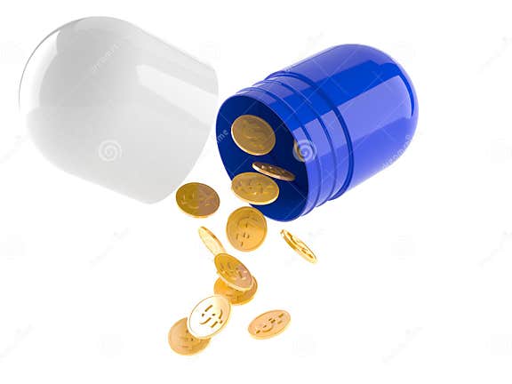 Open pill with coins stock illustration. Illustration of open - 105697306