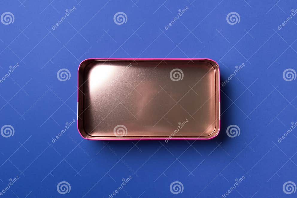 Open Pink Bronze Gift Box on Blue Background , Top View Stock Image ...