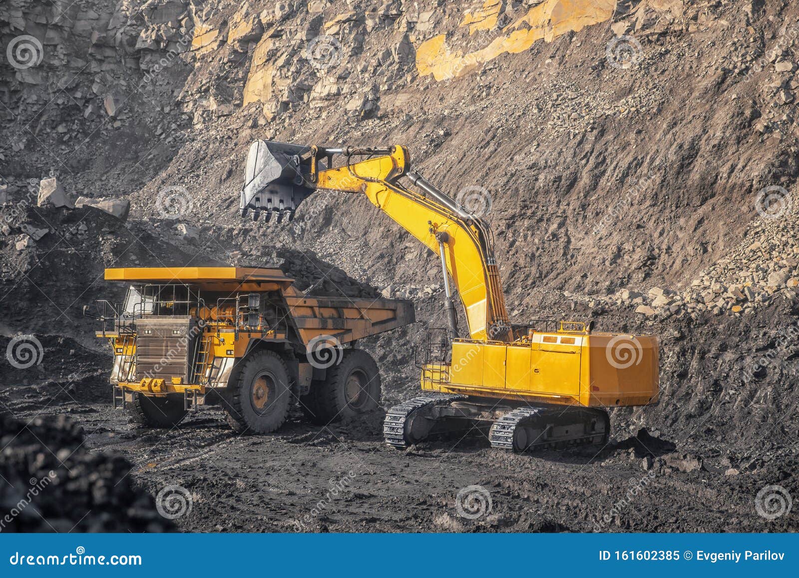 Open Pit Mine Industry, Excavator Loading Coal on Big Yellow Mining ...