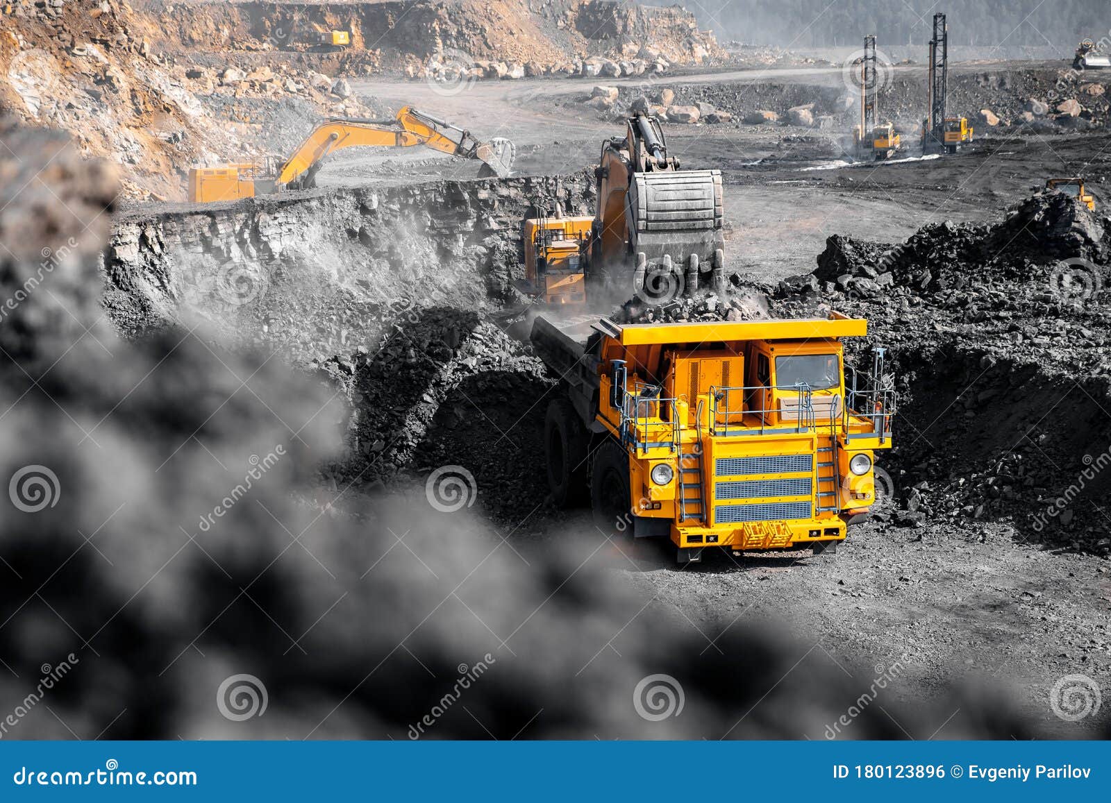 Open Pit Mine Industry. Excavator Work Loading of Coal into Yellow ...